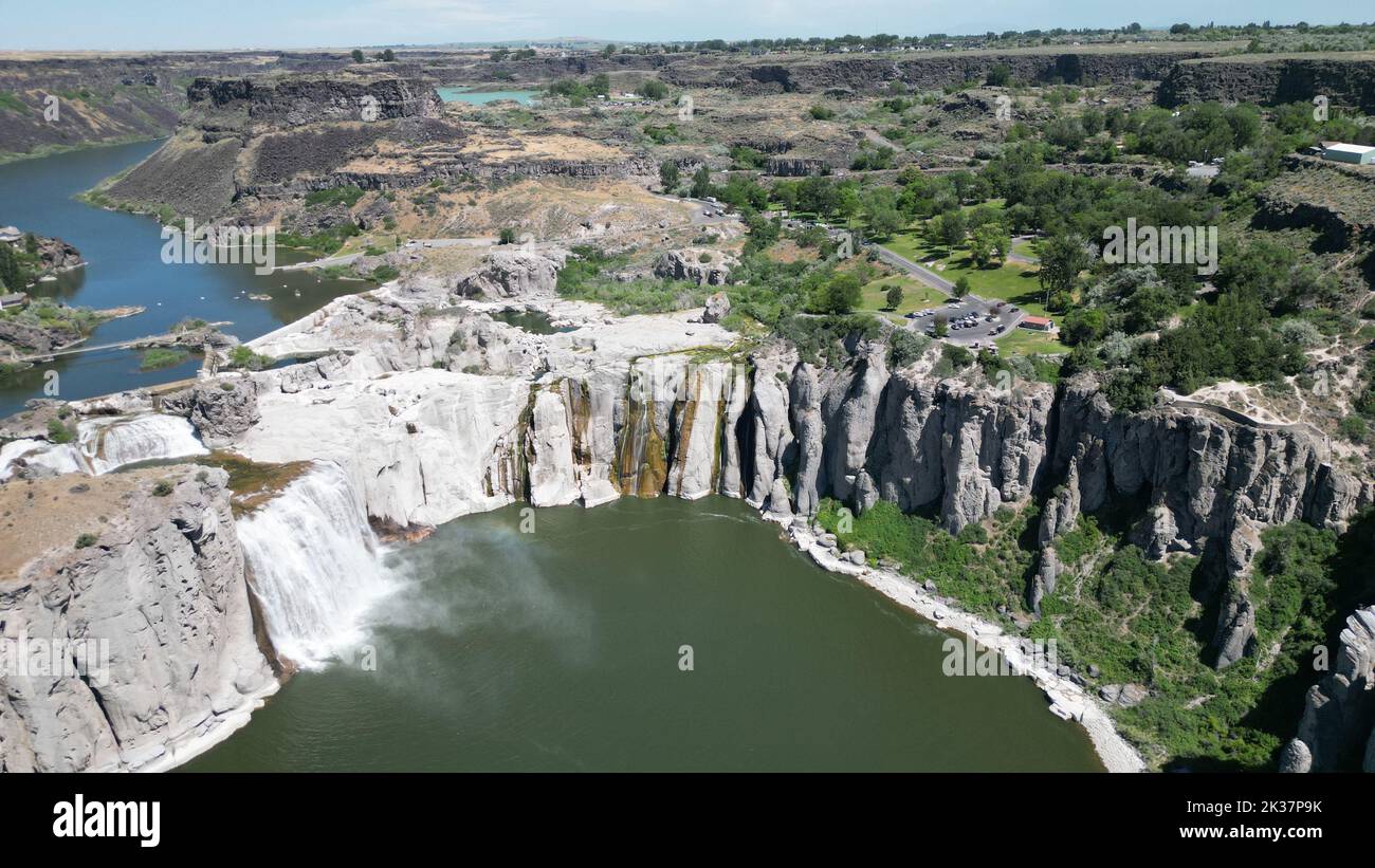 A drone shot of the Shoshone falls in the Snake river in the Pacific ...