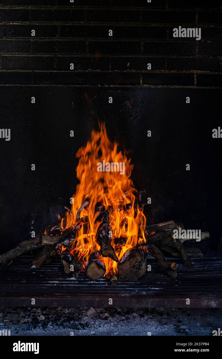 wood burning with fire on the Grill for a barbecue Stock Photo - Alamy