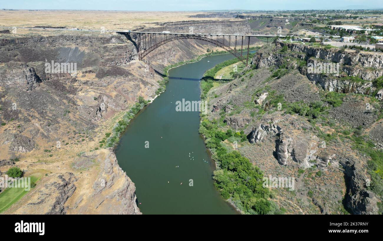 A drone shot of the Perrine bridge over the Snake river in the Pacific ...