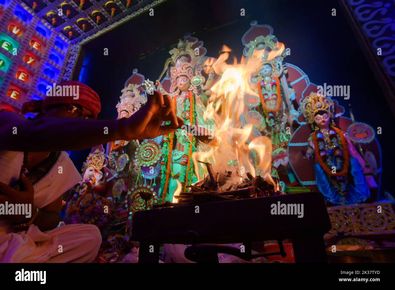 Howrah, West Bengal, India - 5th October 2019 : Hindu purohit raising ...