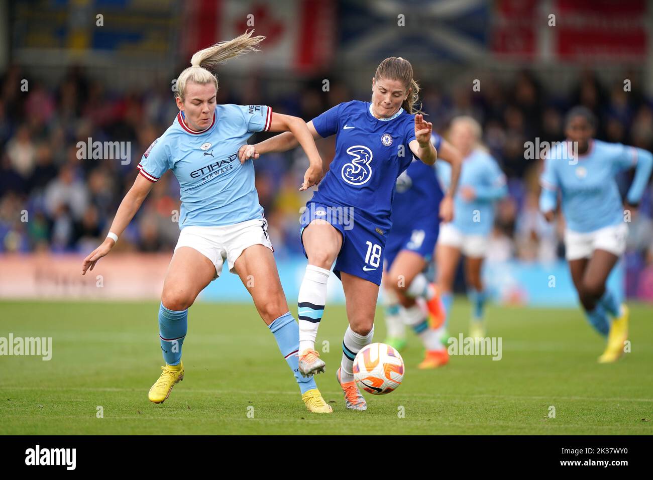 Chelsea's Maren Mjelde (right) and Manchester City's Lauren Hemp battle ...