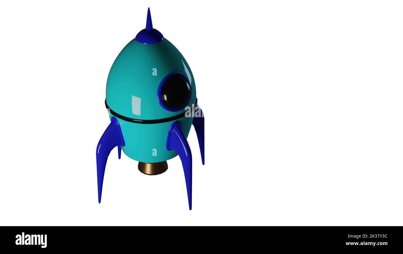 A 3d rendered image of a cartoon style space rocket in cyan and blue ...