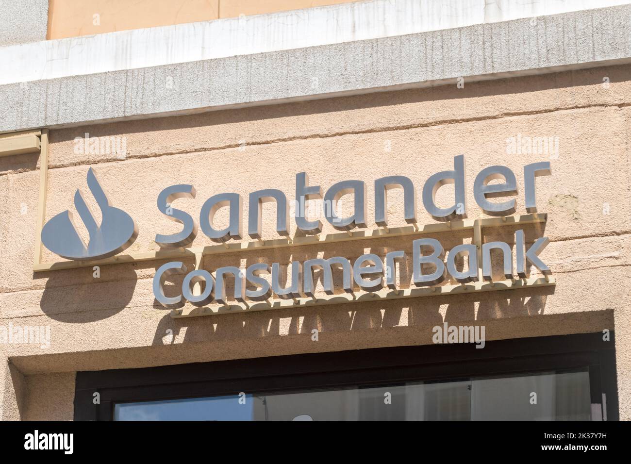 Krosno, Poland - June 12, 2022: Metalic logo of Santander Consumer Bank ...