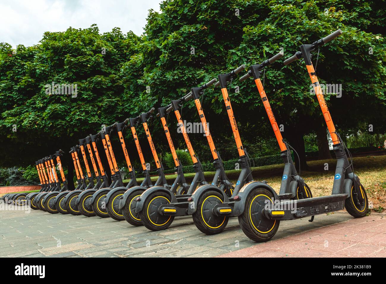 Electric scooters in a row on the parking lot on city buildings ...