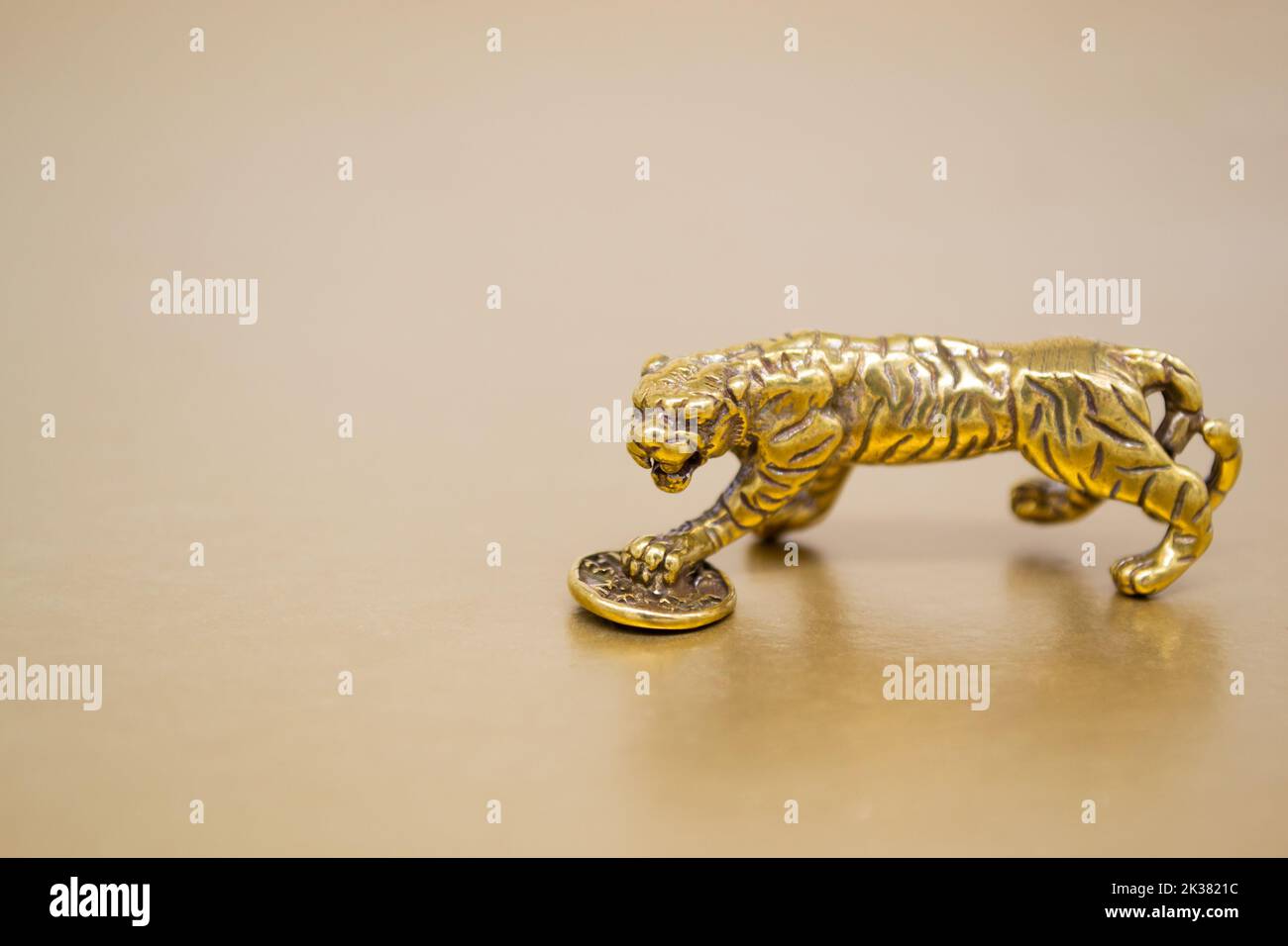 A bronze figure of a tiger with a coin on a golden background, copy ...