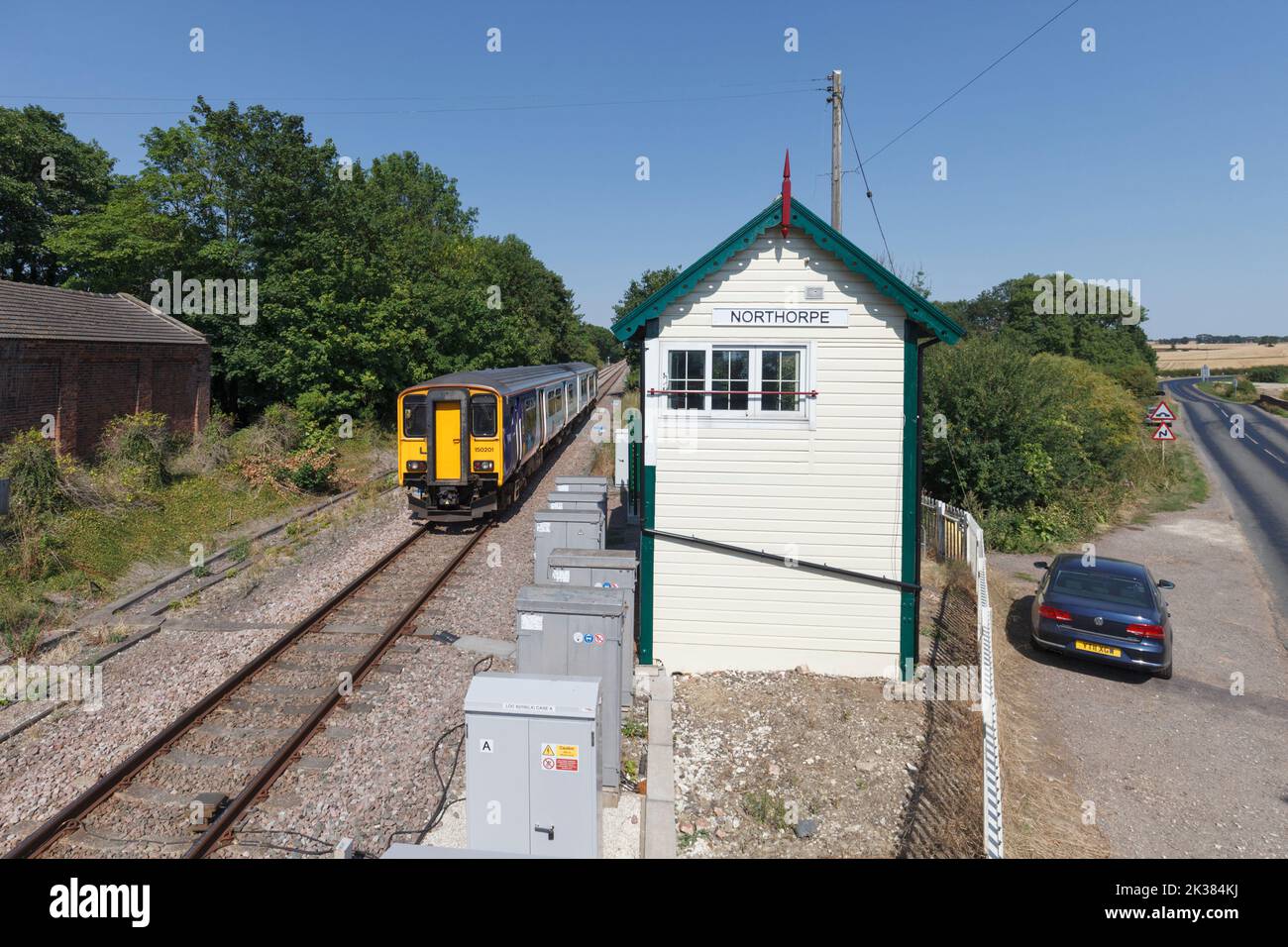 Northern Rail class 150 train passing Northorpe mechanical signal box ...