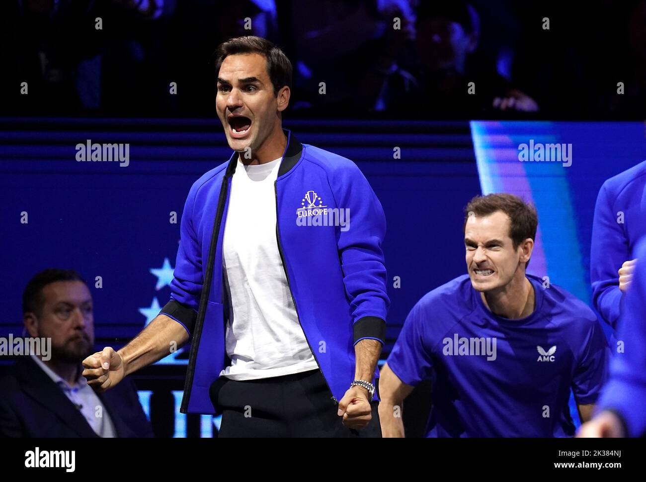 Roger Federer (left) and Andy Murray cheers on team-mate Stefanos ...