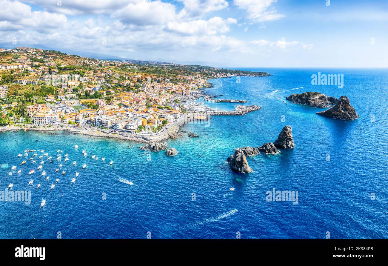 Landscape with aerial view of Aci Trezza, Sicily island, Italy Stock ...