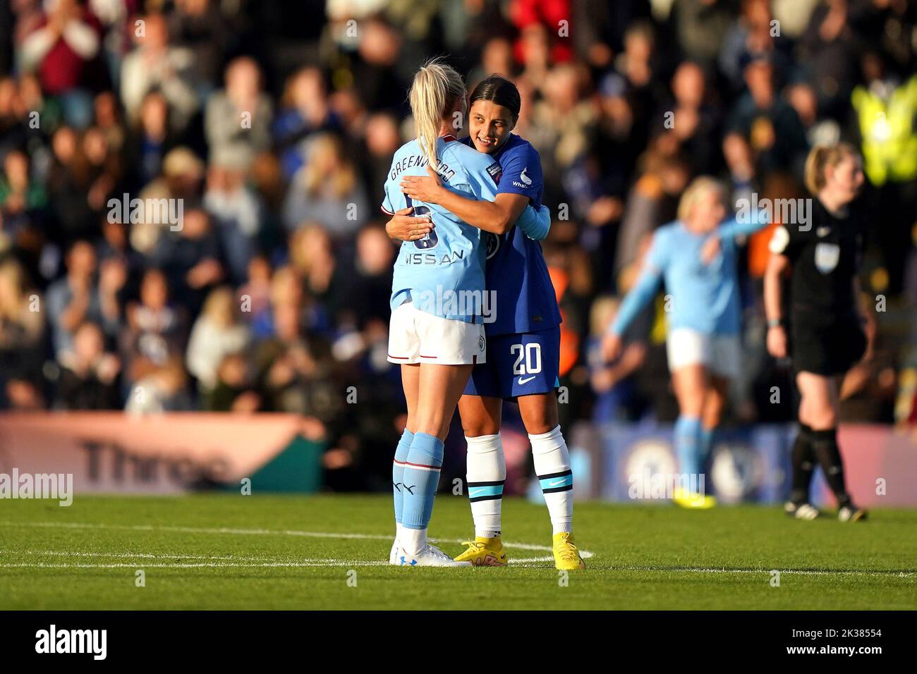 Manchester City's Alex Greenwood (left) and Chelsea's Sam Kerr hug ...