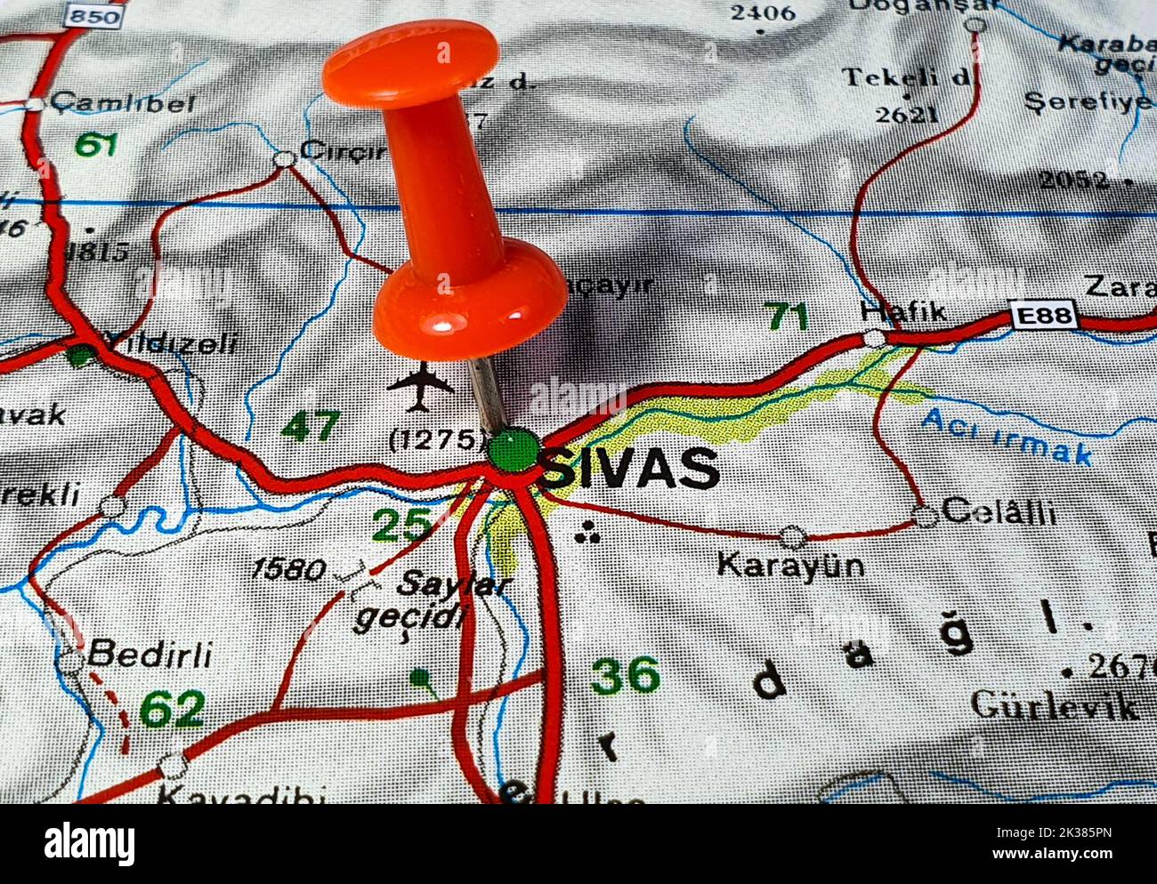 A closeup of a red pushpin on the map showing Sivas city in Turkey ...