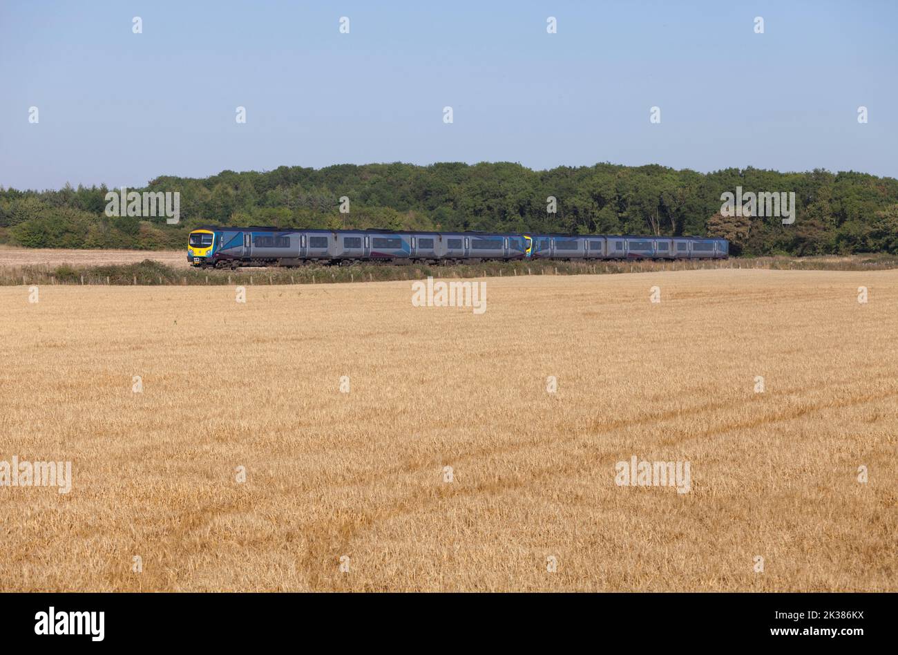 2 First Transpennine Express class 185 trains passing the arable fields ...