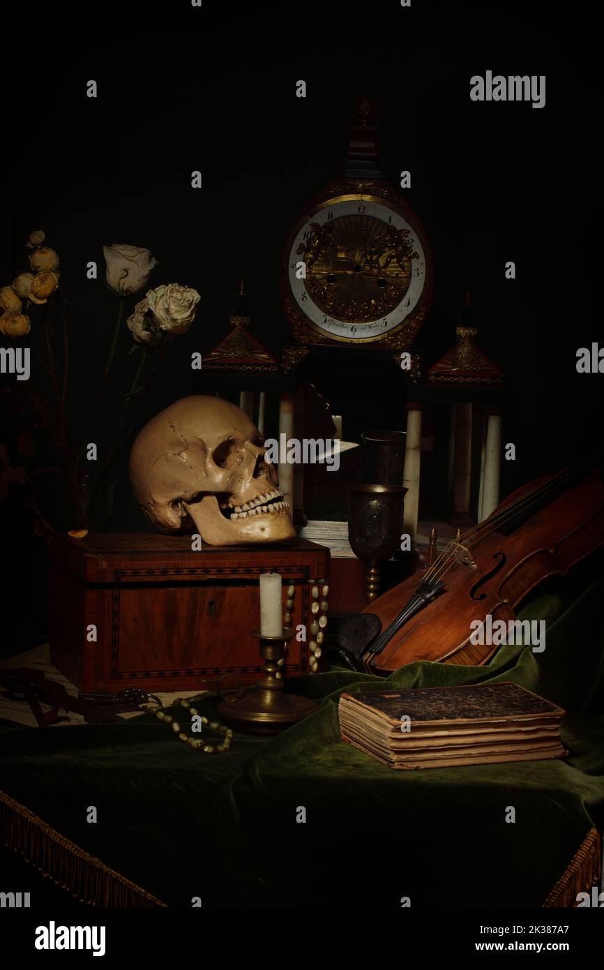 Close-up still life, Dutch painting of the 17th century. On the table ...