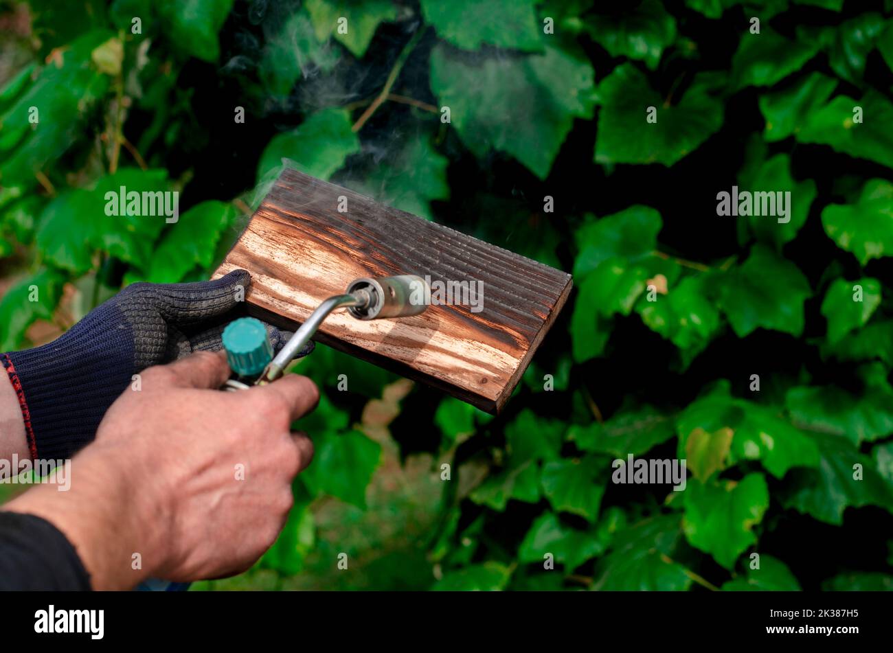 Professional carpenter using old traditional technique. Burning wood ...