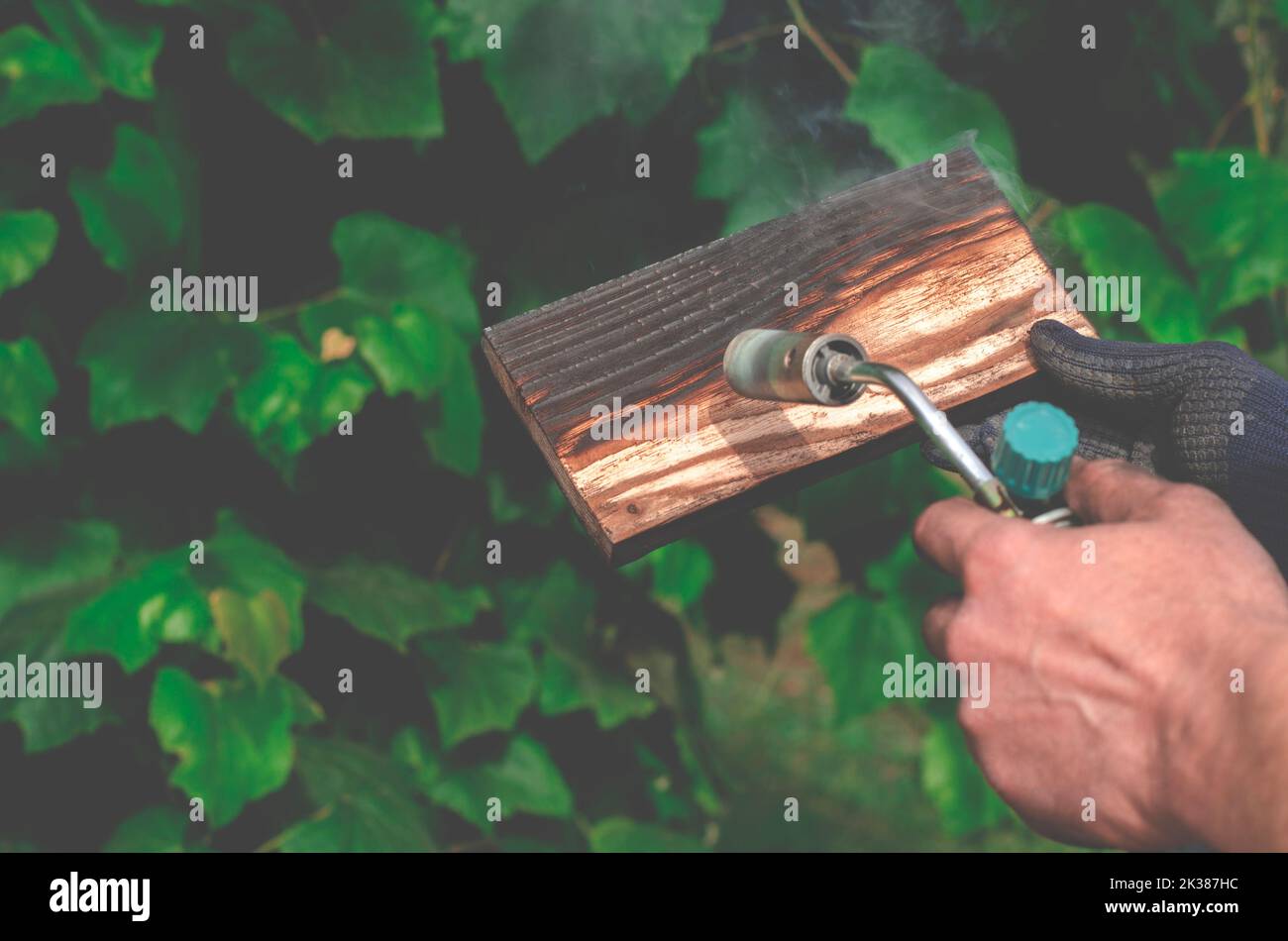 Professional carpenter using old traditional technique. Burning wood ...