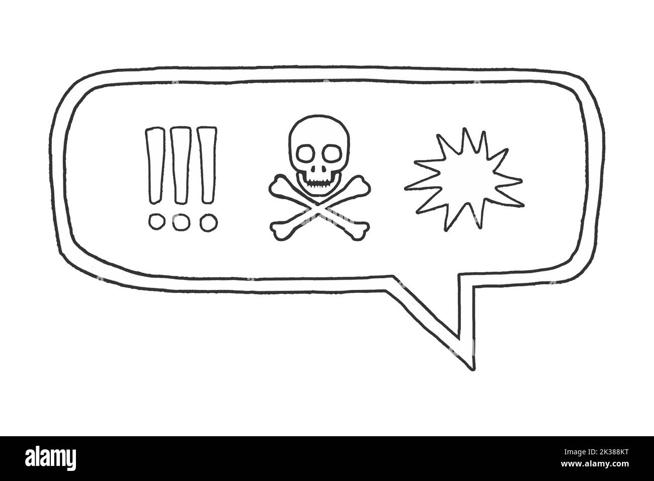 Hand drawn speech bubble with signs of exclamation marks, death, skull ...
