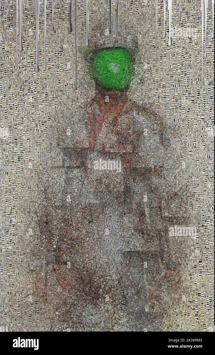 Surreal painting. Man in suit and bowler hat with green apple instead ...