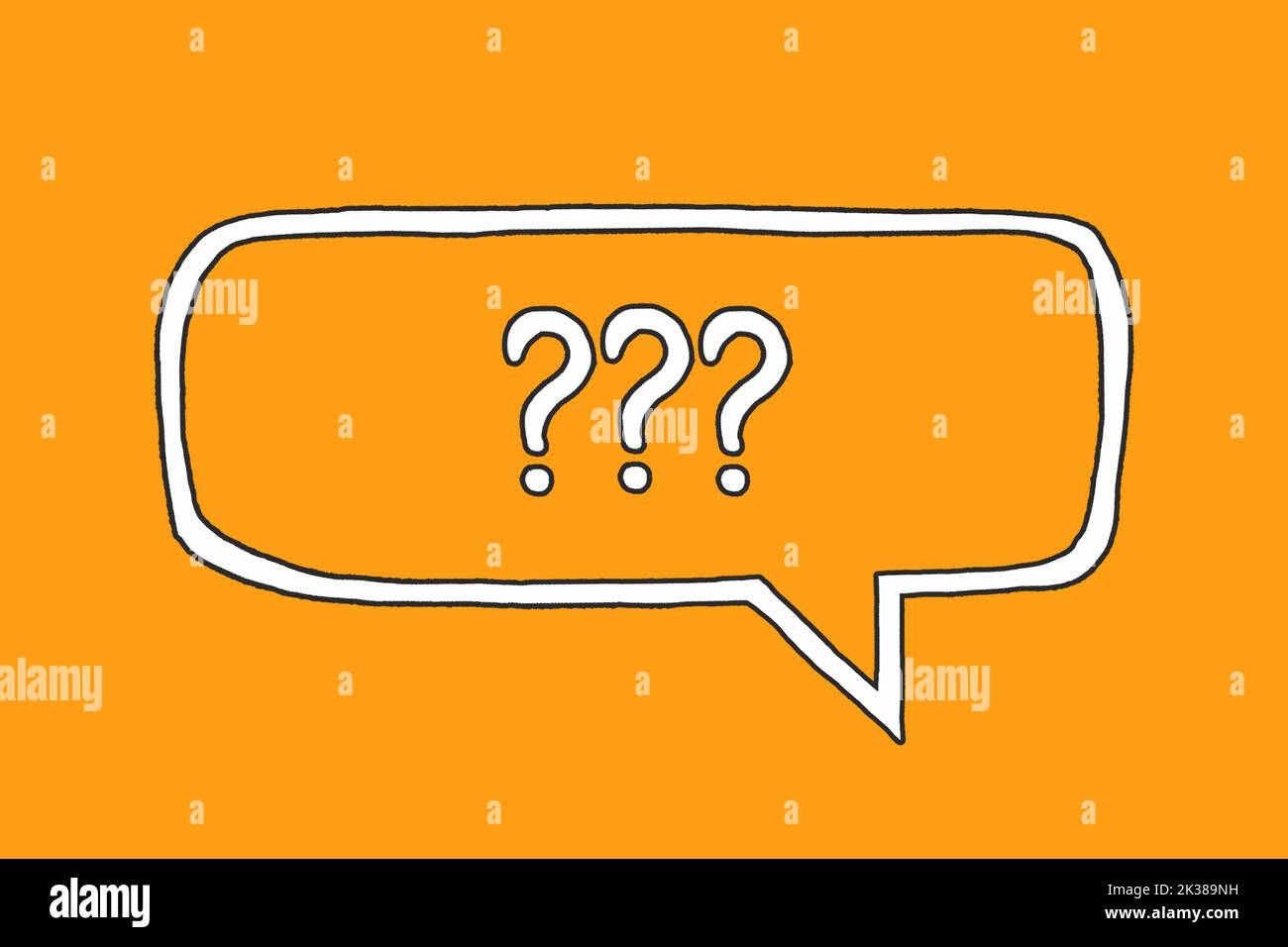 Hand drawn speech bubble with signs of question marks against orange ...