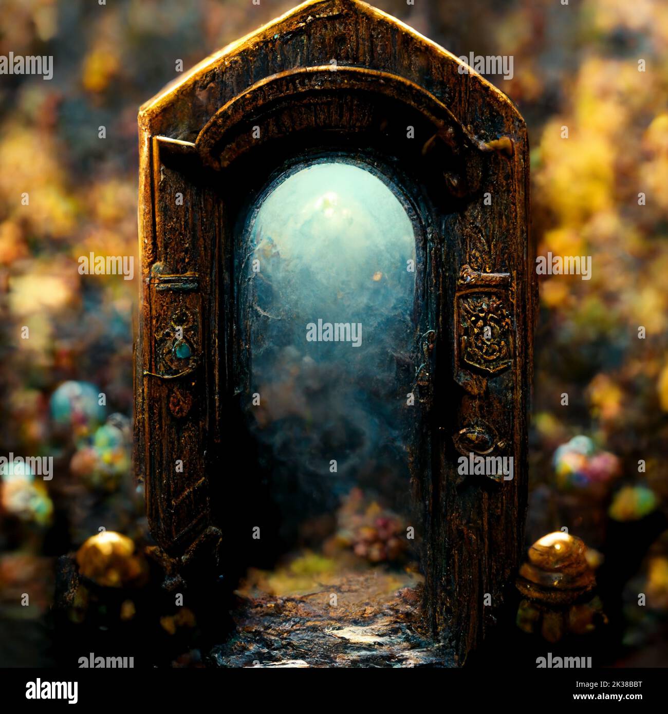 Raster illustration of wooden gate in dim clouds in an empty room ...