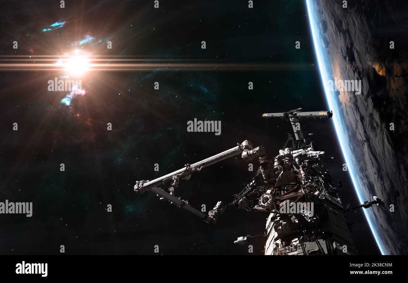 ISS orbiting Earth in light of bright sun Stock Photo - Alamy