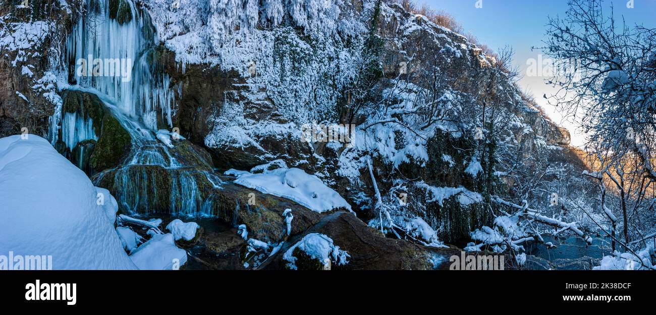 Frozen waterfall, Krushuna falls near town of Lovetch, Bulgaria ...