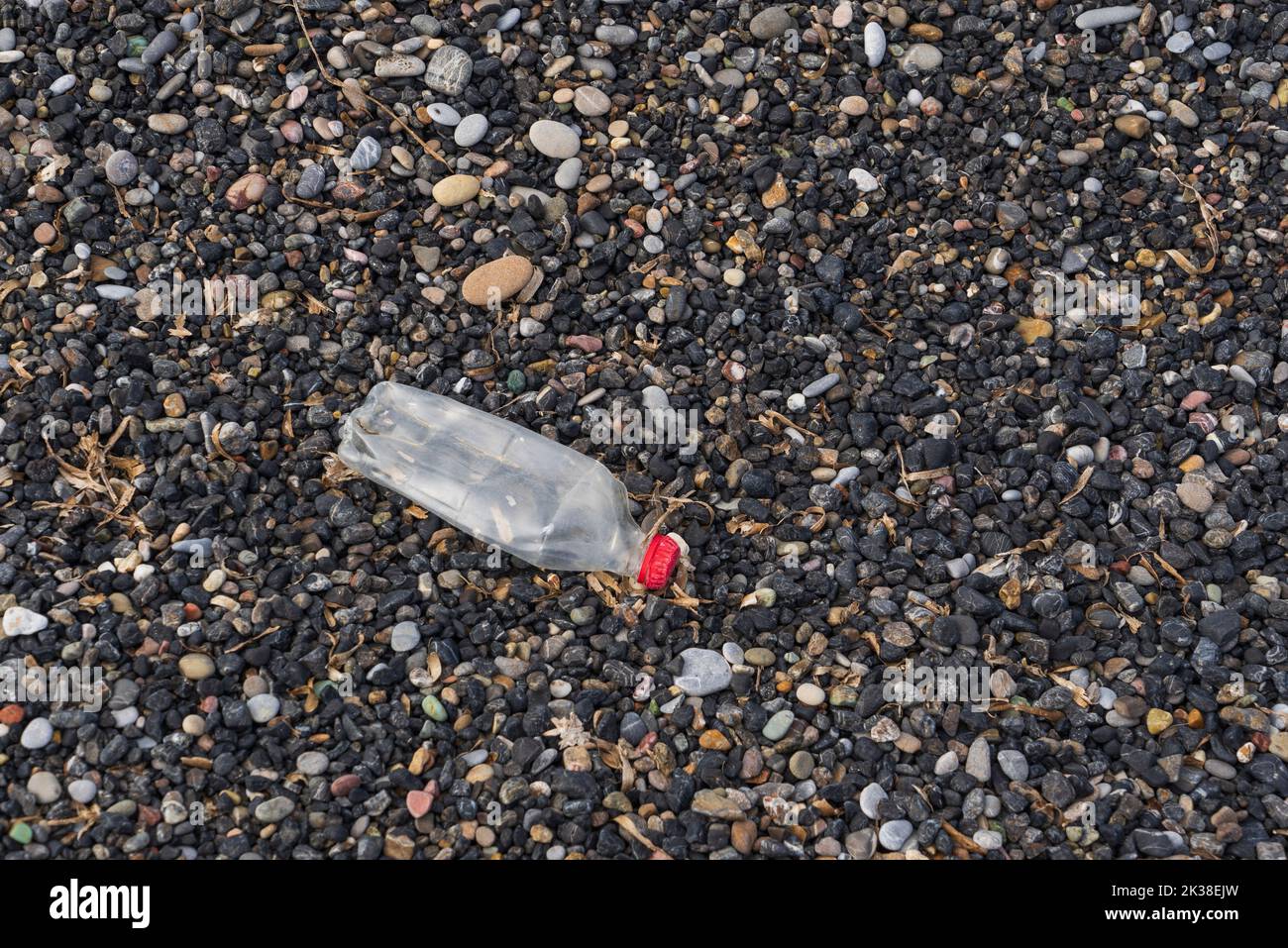 An empty plastic bottle on a pebble beach, the concept of plastic ...