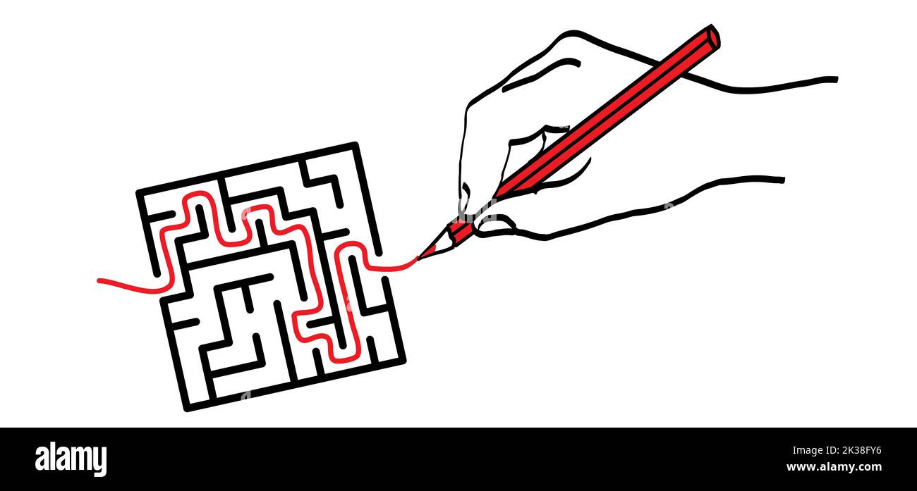 Education logic, Hand drawing labyrinth line. Black square maze. Vector ...