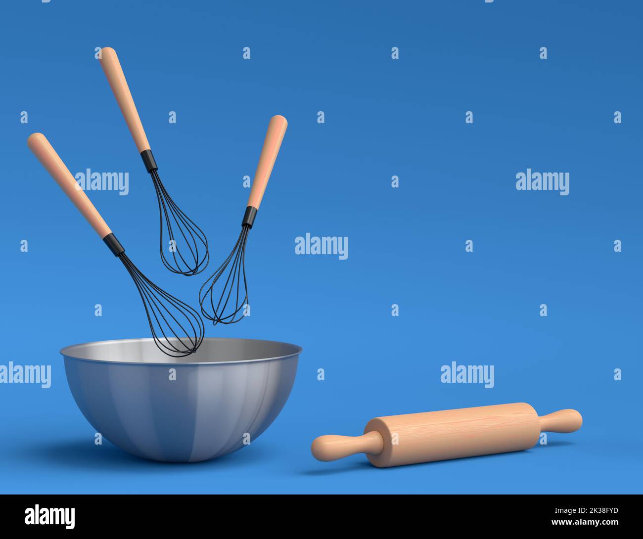 Metal bowl with kitchen utensil for preparation of dough on blue ...