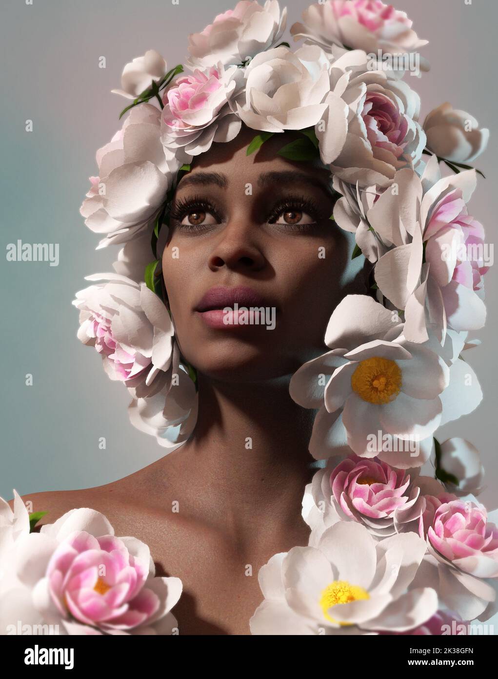 3d computer graphics of a beauty with flower decoration on the head ...