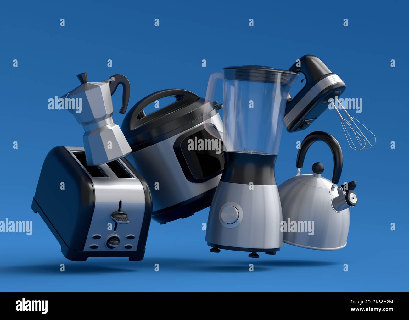 Electric kitchen appliances and utensils for making breakfast on blue ...