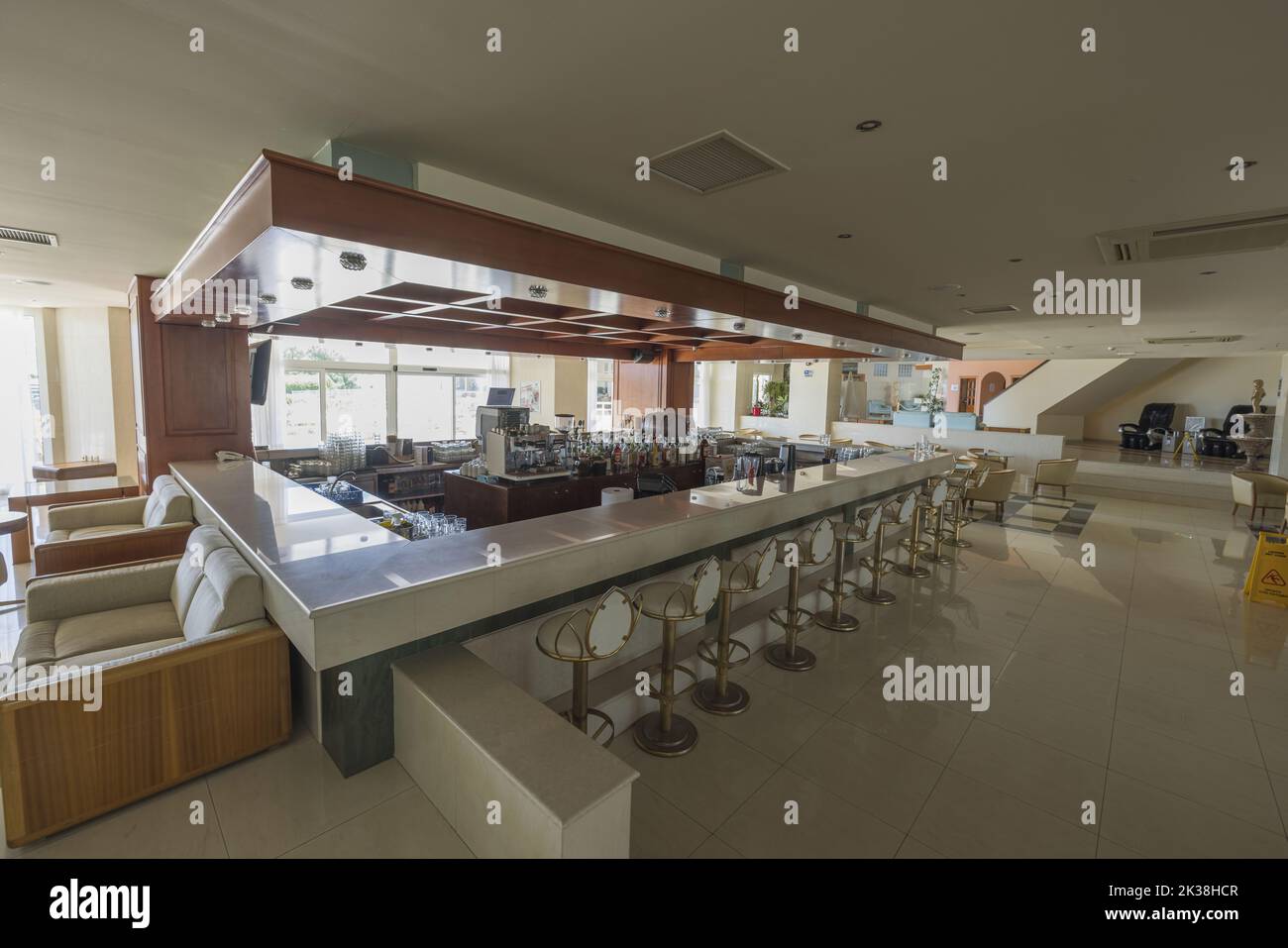 Beautiful interior view of bar counter of modern hotel. Drinks and ...