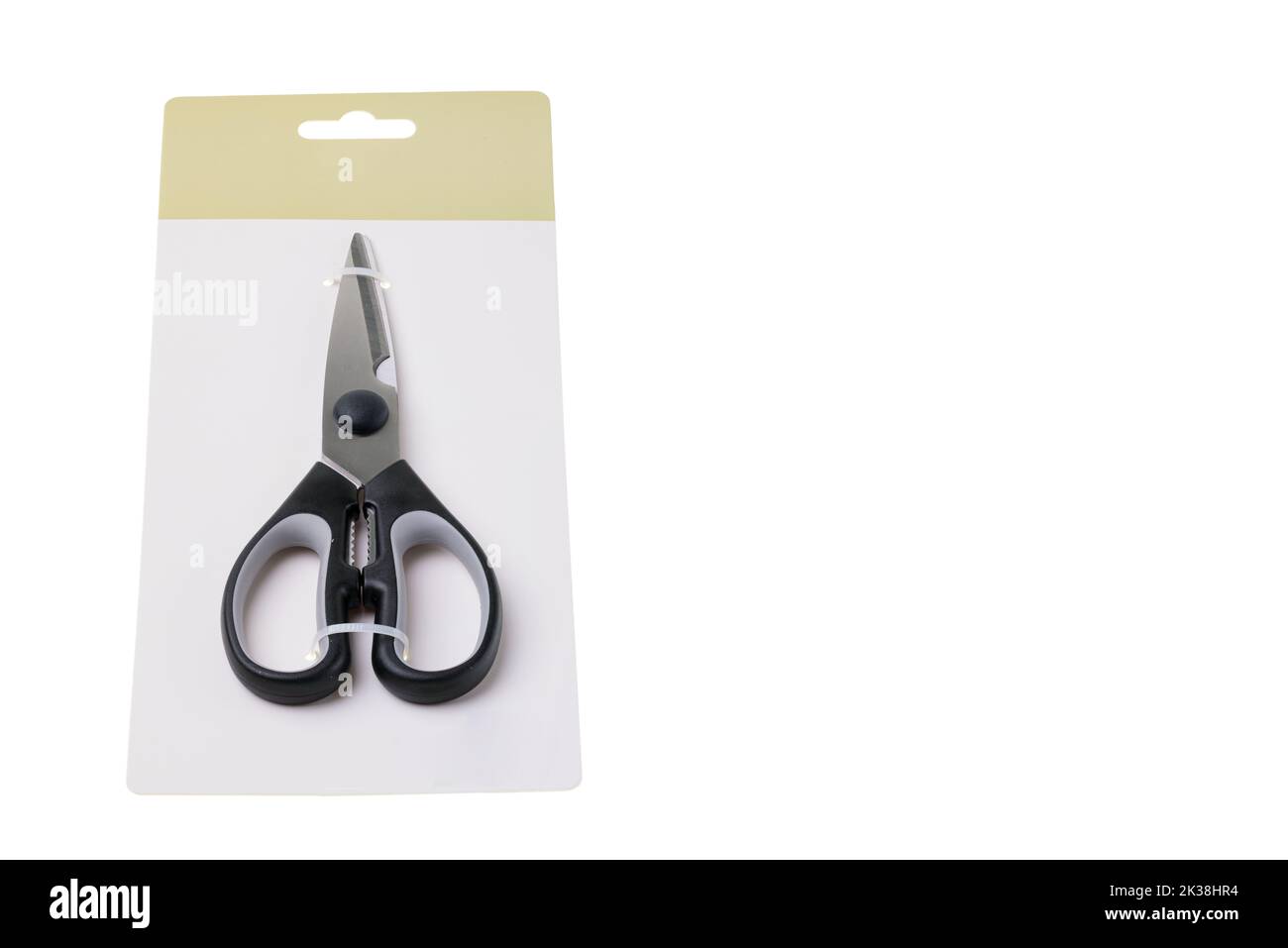 Close up view of kitchen scissors in package on white background Stock ...