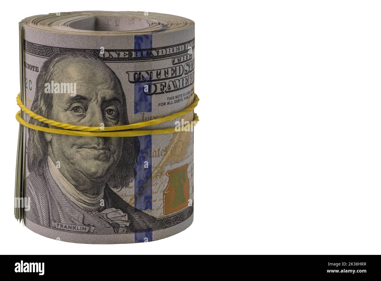 Close up view of 100 dollar bills rolled into roll isolated on white ...
