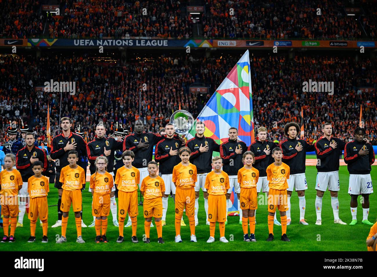 Belgium's players pictured at the start of a soccer game between the ...