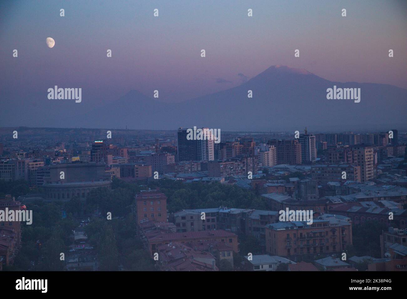 An aerial view of modern buildings near Mount Ararat in Yerevan ...