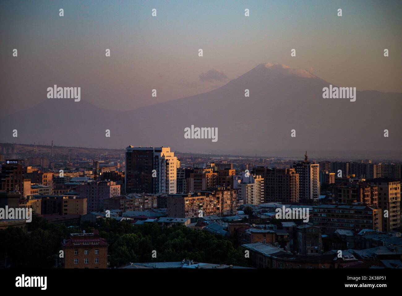 An aerial view of modern buildings near Mount Ararat in Yerevan ...