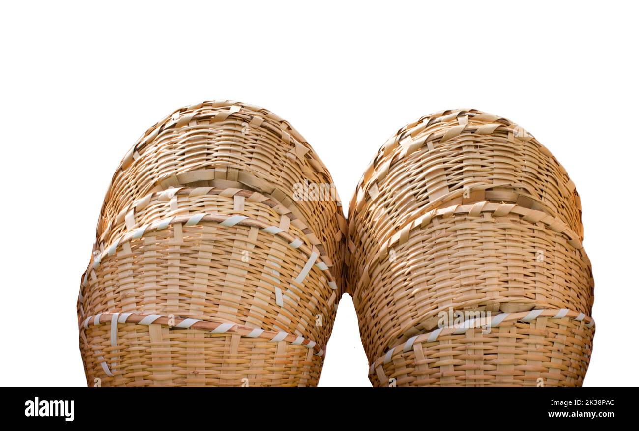 Handmade. Empty wicker basket isolated on white. Straw handmade ...