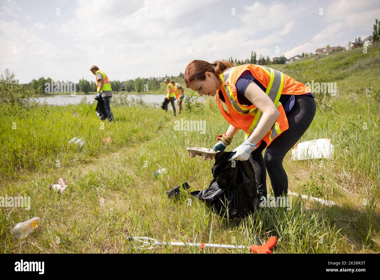 Woman litter picking next to lake Stock Photo - Alamy