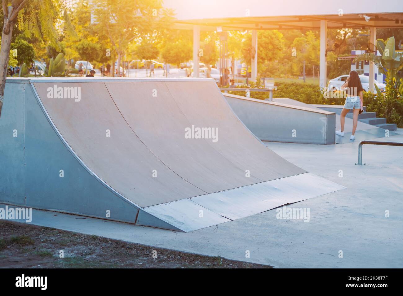 Ramps and halfpipe eqipment and trampolines at the modern urban extreme ...