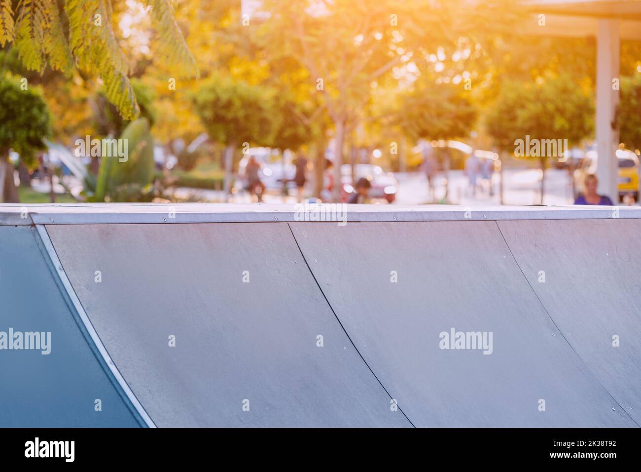 Ramps and halfpipe eqipment and trampolines at the modern urban extreme ...