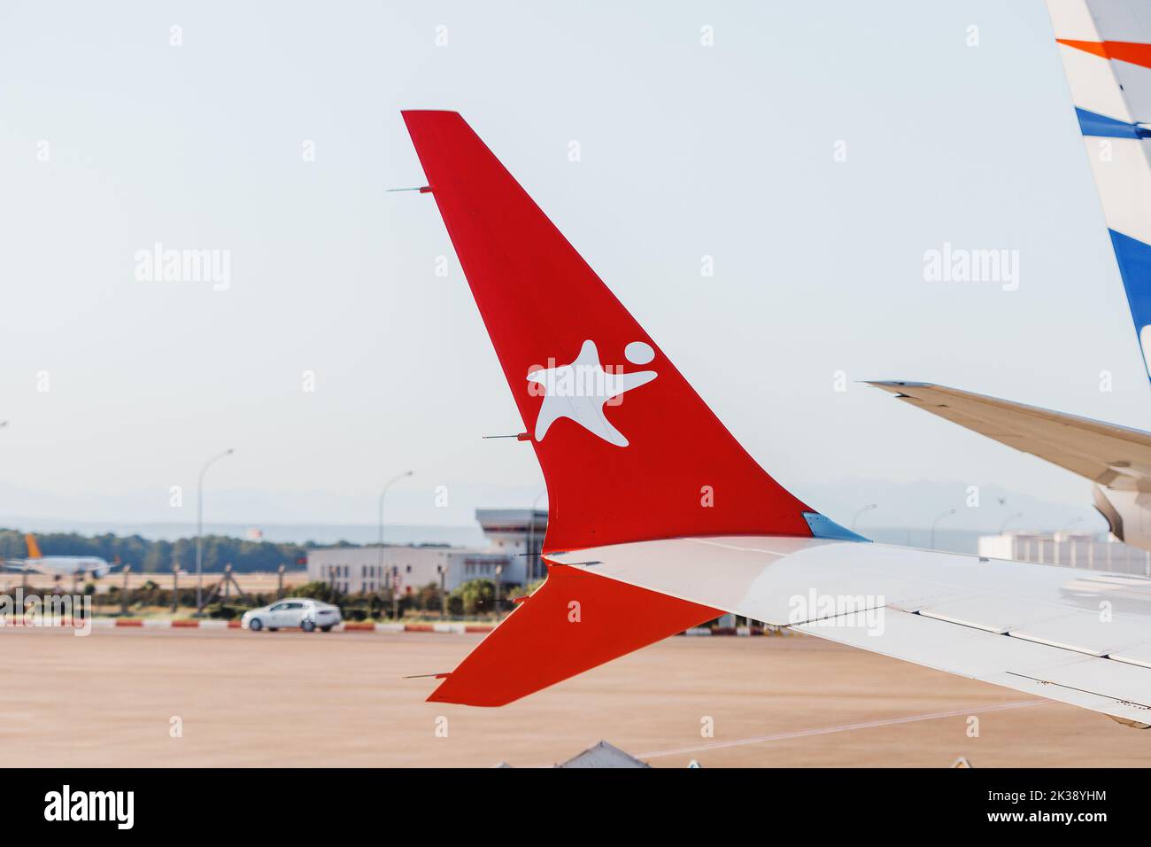 20 July 2022, Antalya, Turkey: Wing of a Corendon airlines at the ...