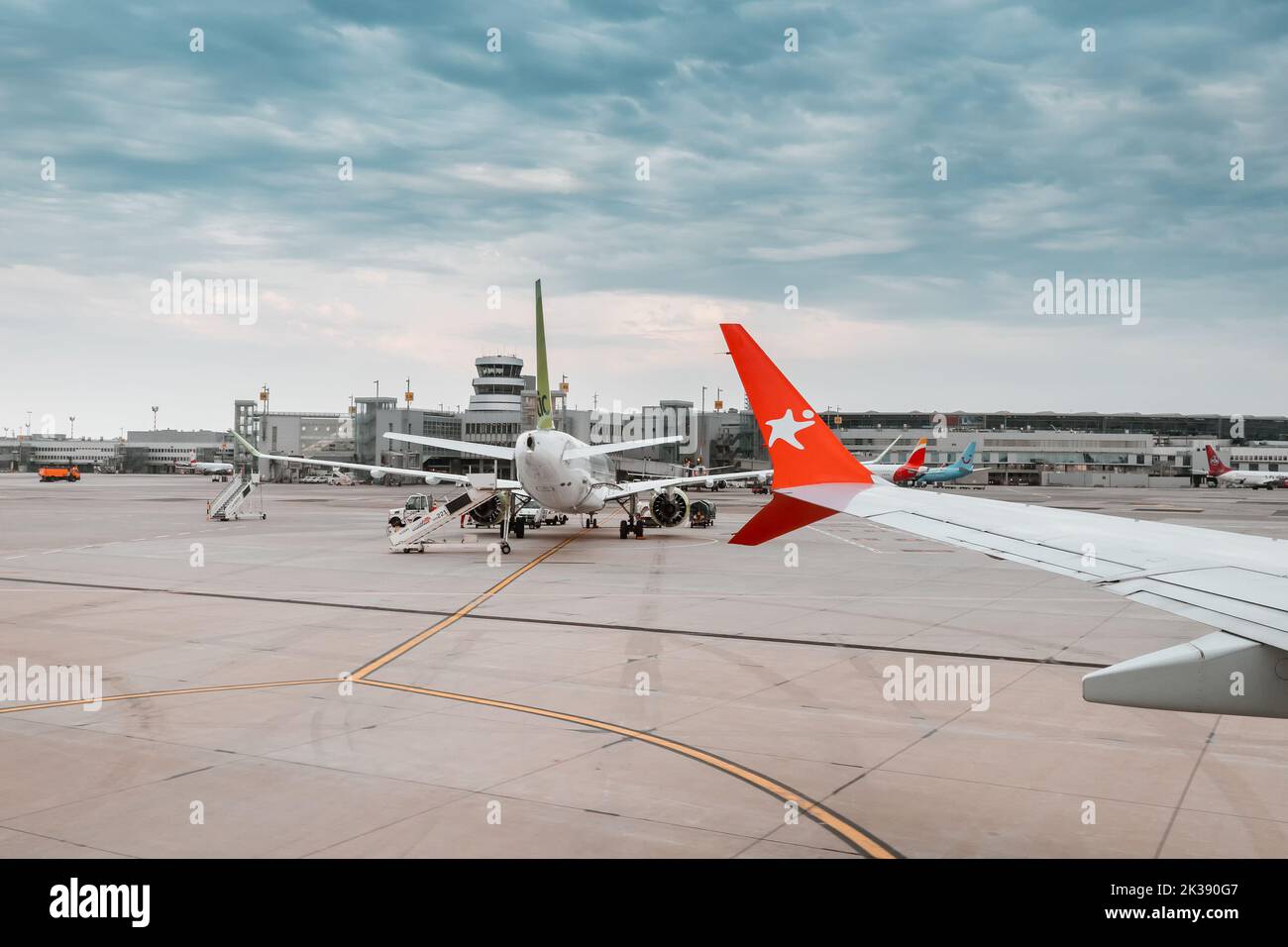 20 July 2022, Dusseldorf, Germany: Wing of a Corendon charter airlines ...