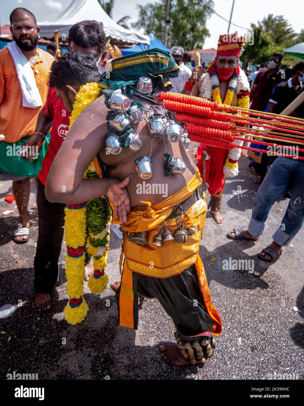 A Hindu devotee seen with sharp self piercing on body as ceremonial act ...