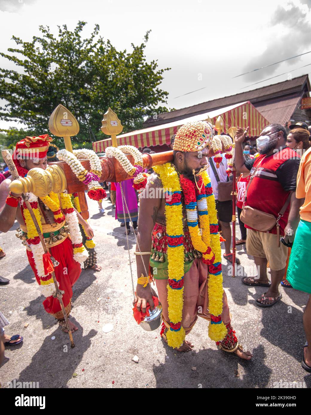 A Hindu devotee seen with sharp self piercing on body as ceremonial act ...