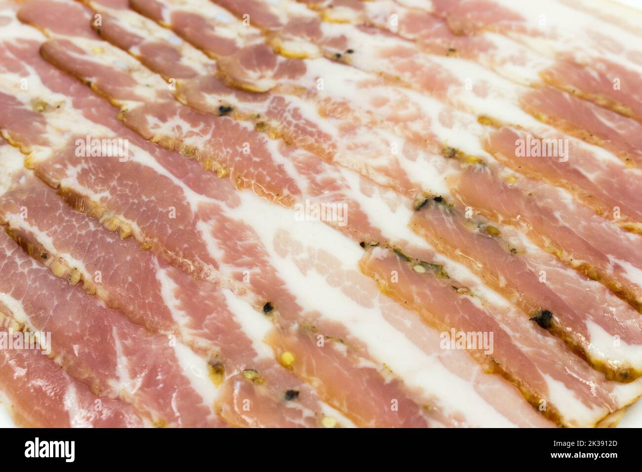 Slices of thin bacon. Food background and texture, full frame Stock ...