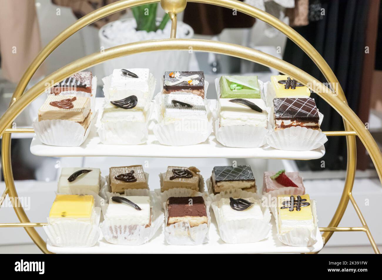 group of slice small cake display case in the store for sale Stock ...