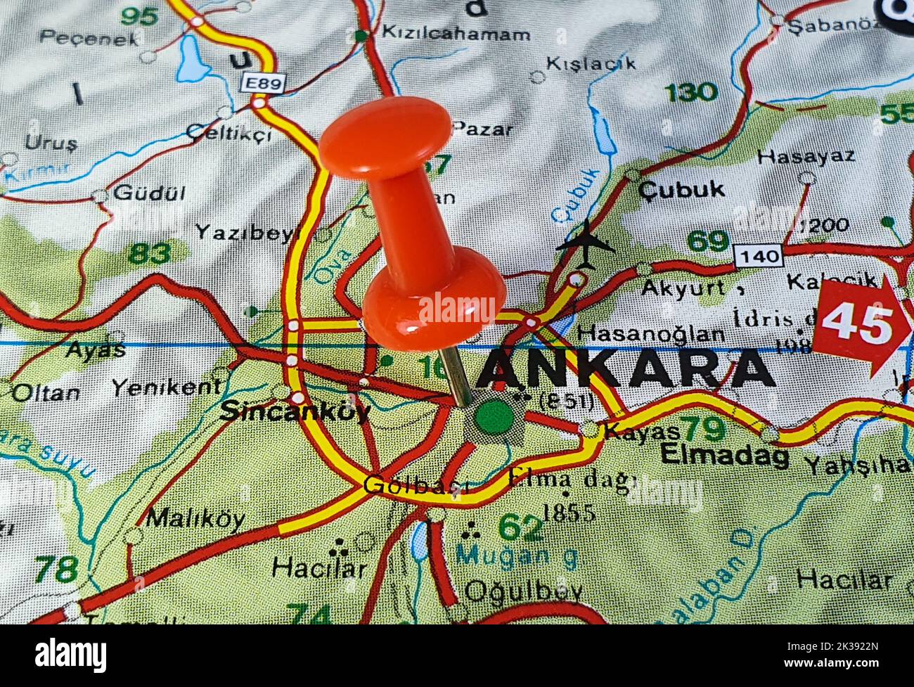 A red pin showing the location on the map of the Ankara city in Turkey ...