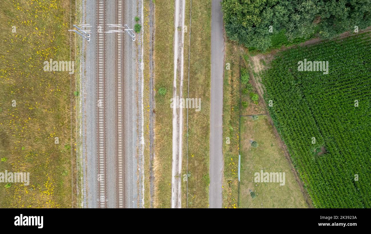 Aerial view of railway through countryside landscape, top down ...