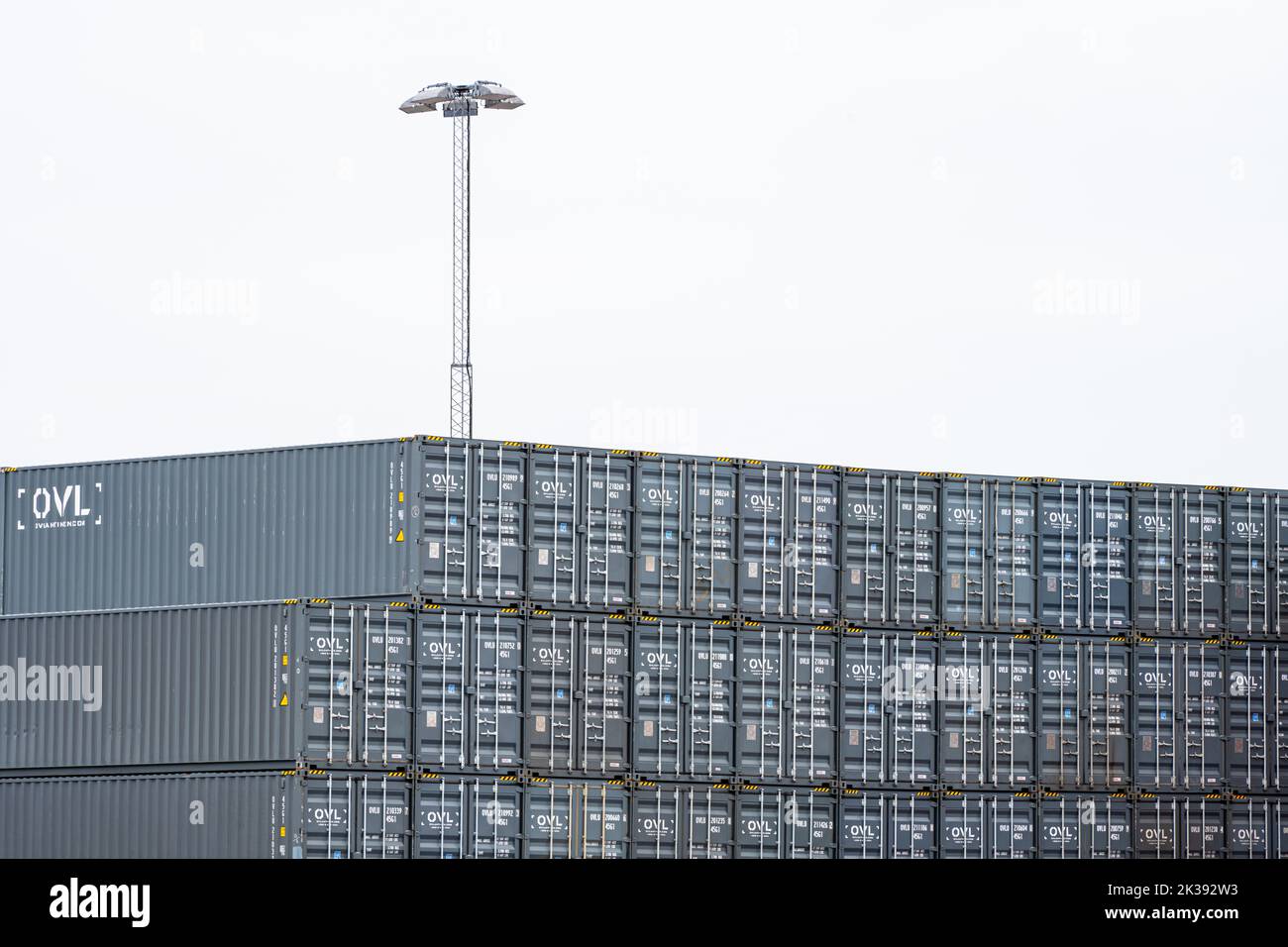 Gothenburg, Sweden - July 24 2022: Tall stack of grey OVL 40 foot ...