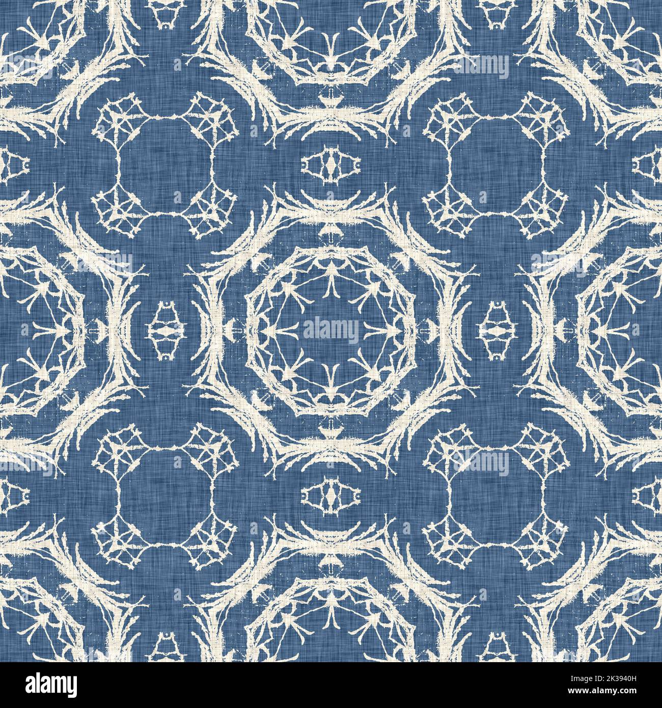 Farmhouse blue snow flake pattern background. Frosty batik damask ...