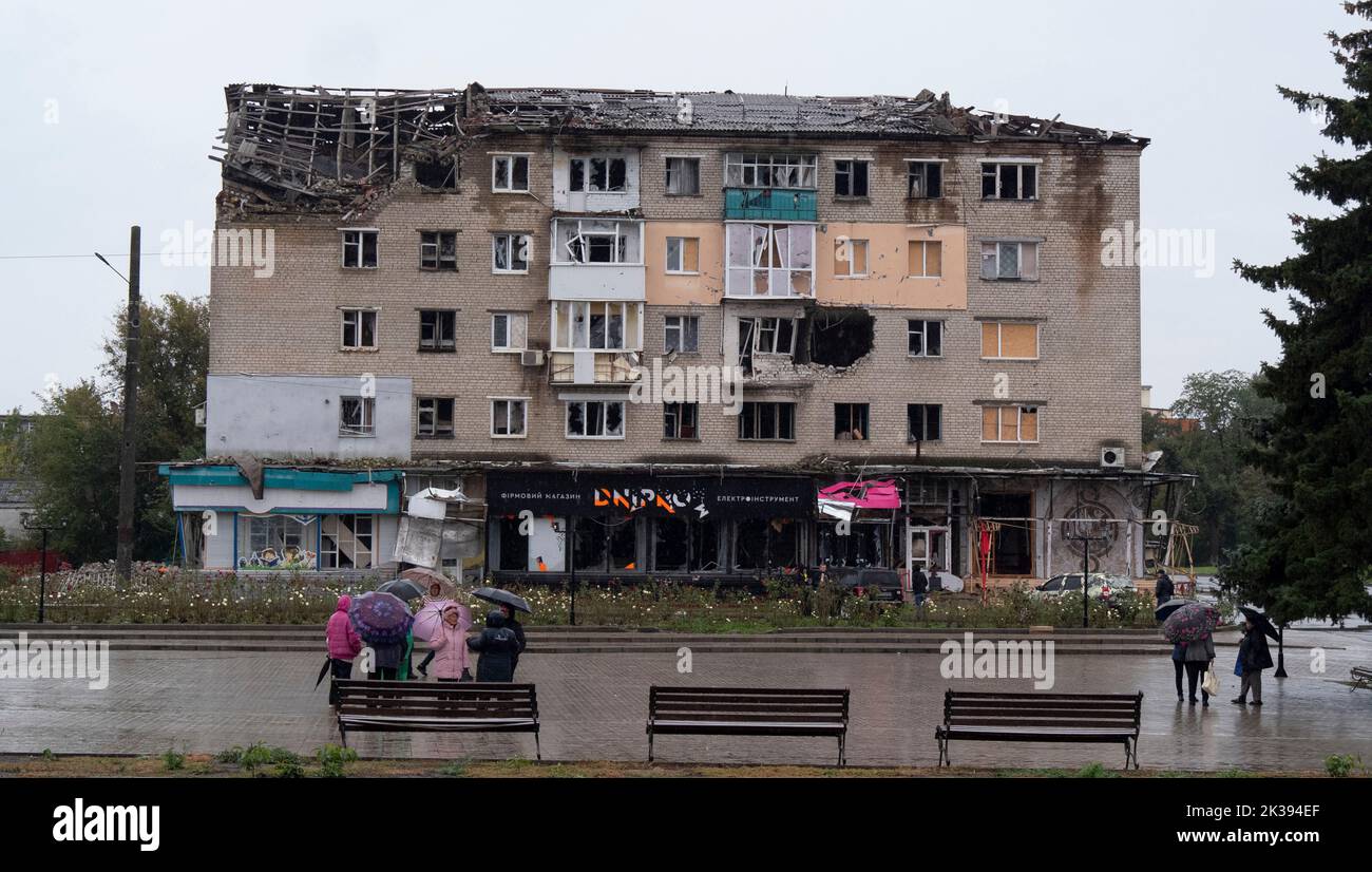 Buildings sit destroyed in Izium, Ukraine. Residents of Izium have ...
